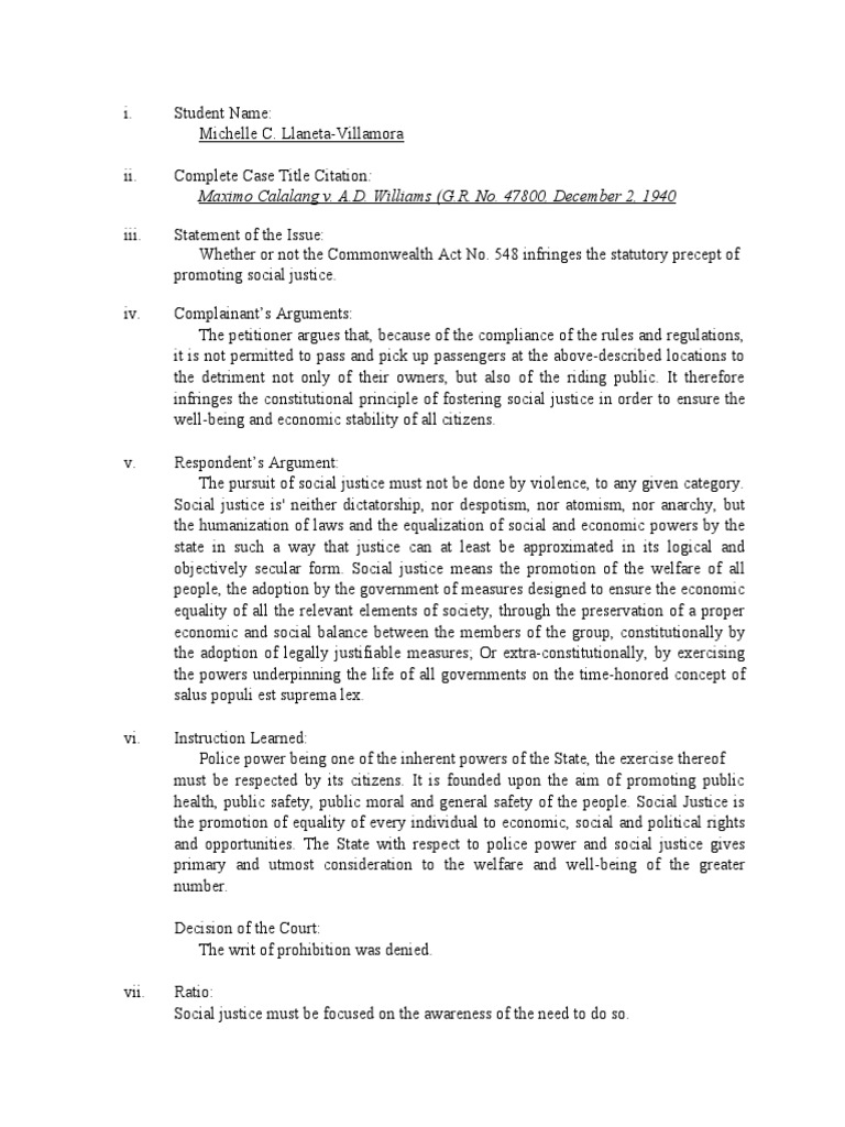 1 Maximo Calalang v. A.D. Williams (G.R. No. 47800, December 2, 1940 ...