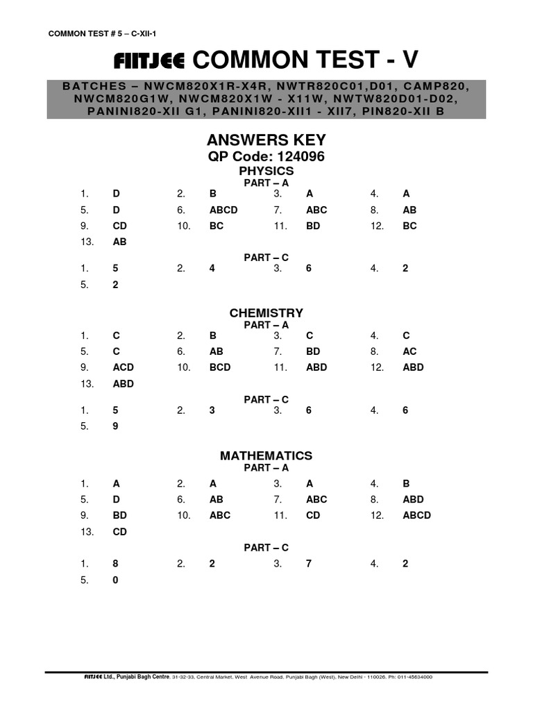 Fiitjee Common Test - V: Answers Key | PDF | Teaching Mathematics