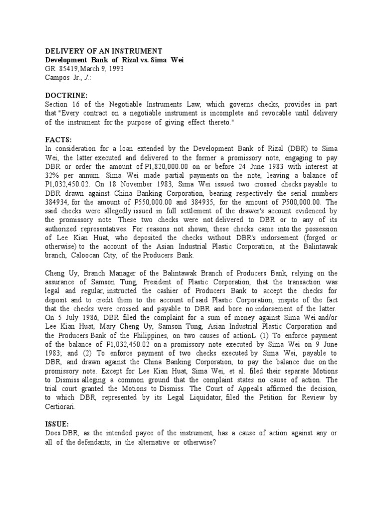 Bank of Rizal Vs Sima Wei | PDF | Cheque | Promissory Note