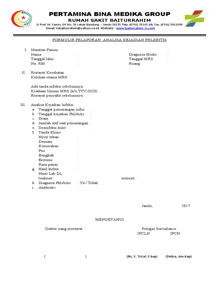 Formulir Pelaporan Analisa Kejadian Phlebitis | PDF