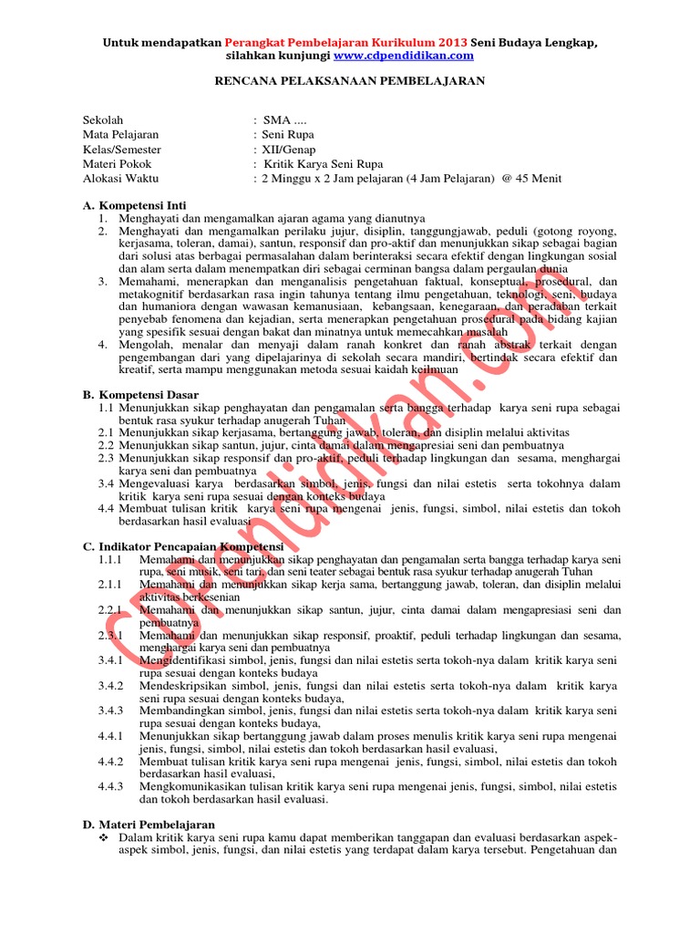RPP Seni Rupa Kelas XII PDF | PDF