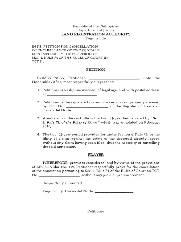 Petition to Cancel Encumbrance Sec 4 Rule 74 | PDF | Virtue | Judiciaries