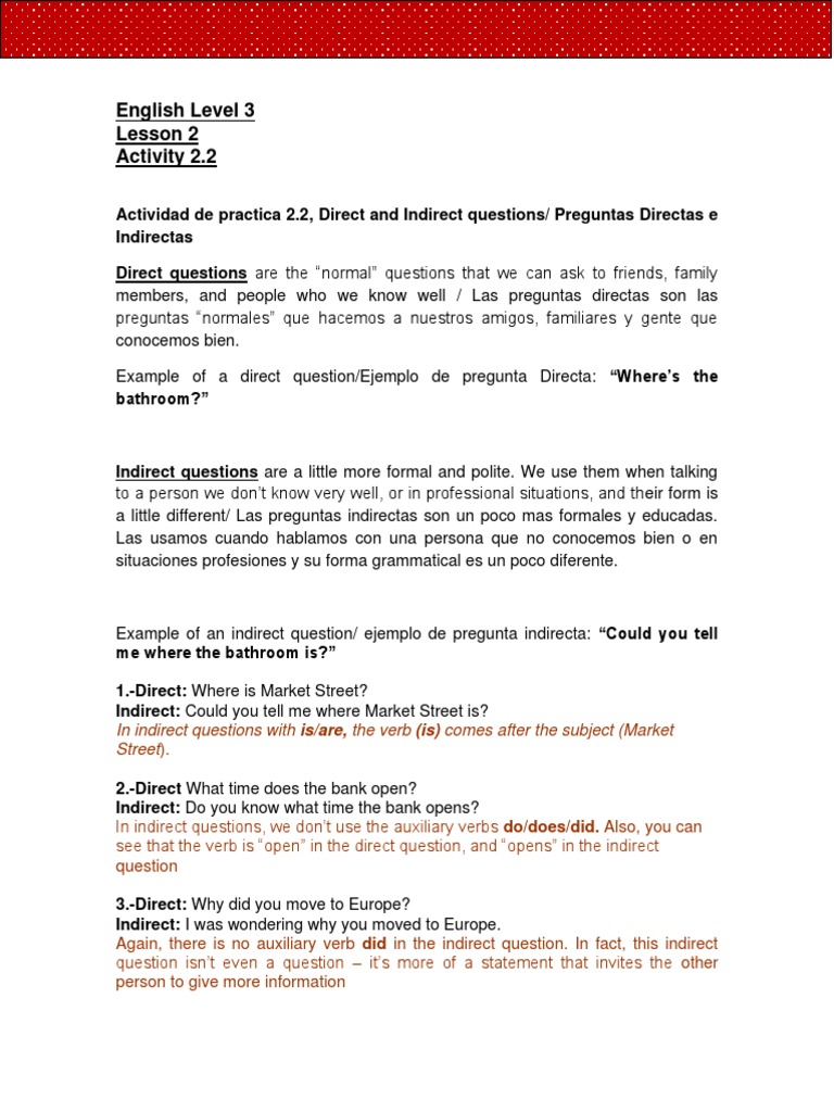 English Level 3 Lesson 2 Activity 2.2 | PDF | Question | Syntax