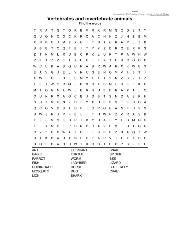Wordsearch-Vertebrates and Invertebrates | PDF