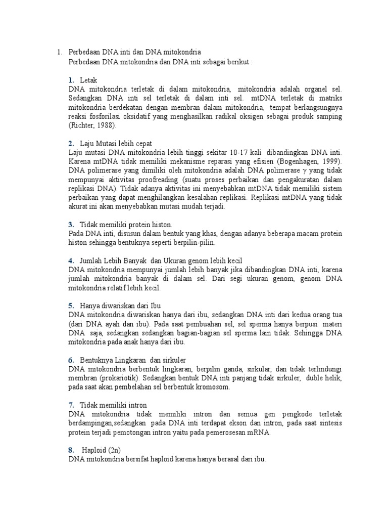 Perbedaan DNA Inti Dan DNA Mitokondria | PDF