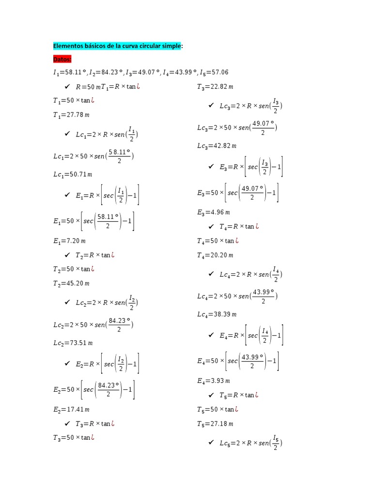Elementos básicos de la curva circular simple: cálculos y distancias | PDF