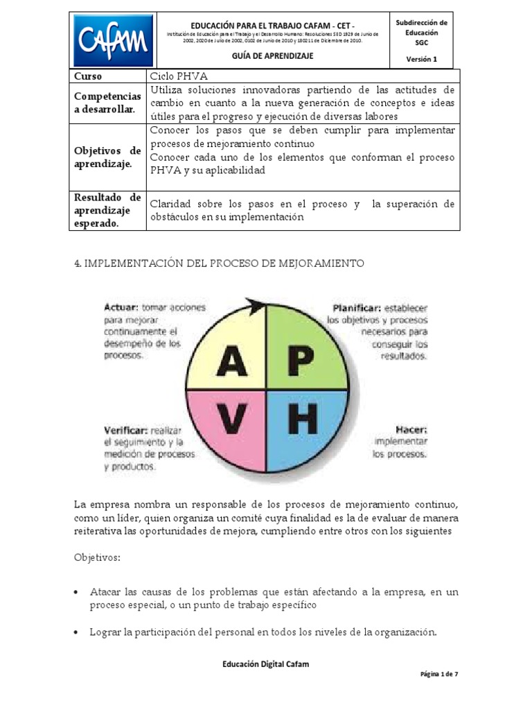 Ciclo Phva Implementacion Del Proceso de Mejoramiento PDF | PDF ...