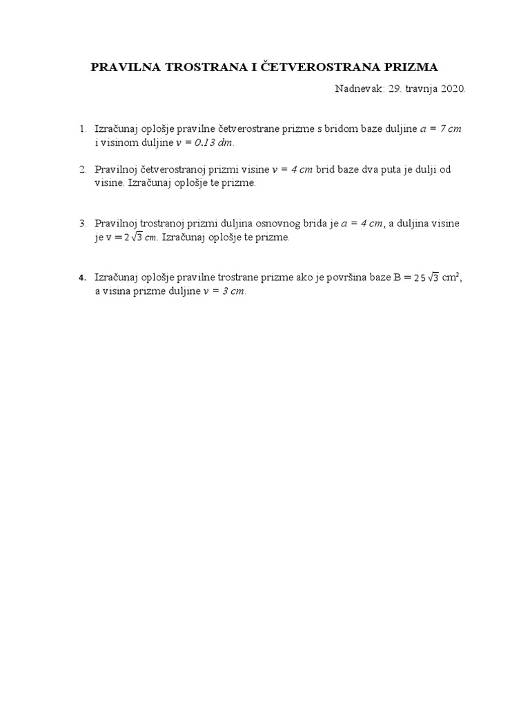 Pravilna Trostrana I Četverostrana Prizma | PDF