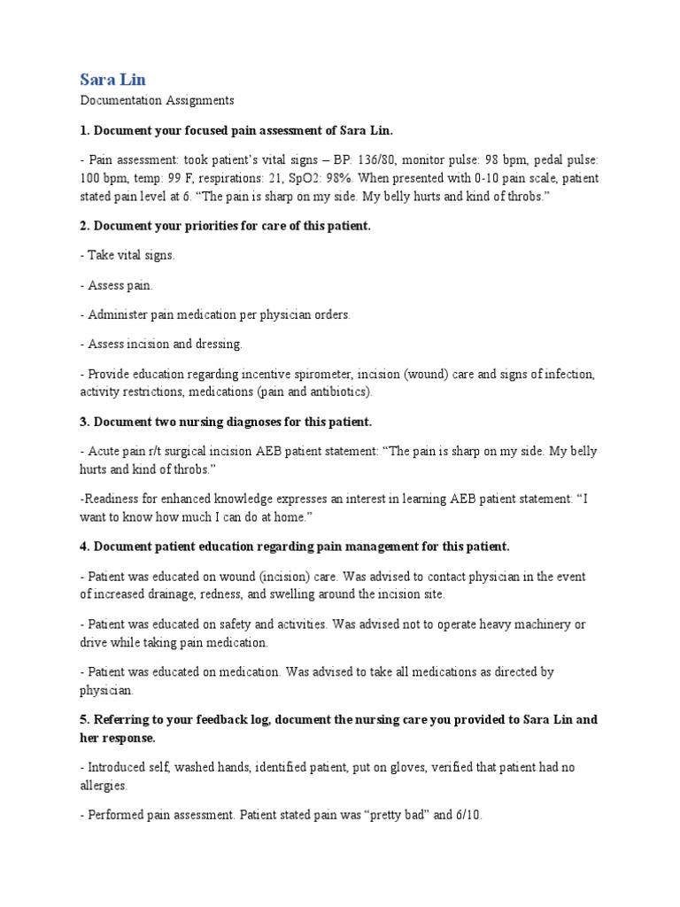 Documentation Assignments Sara Lin | PDF | Wound | Pain