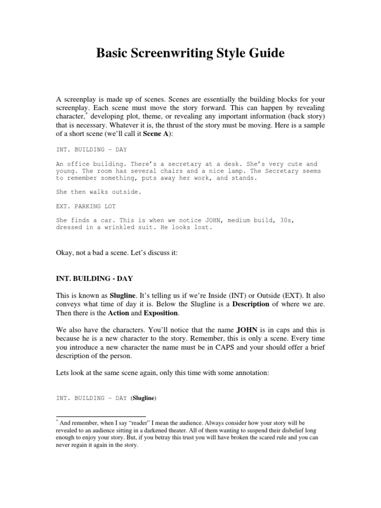 Basic Screenwriting Style Guide: Int. Building - Day | PDF | Screenplay ...