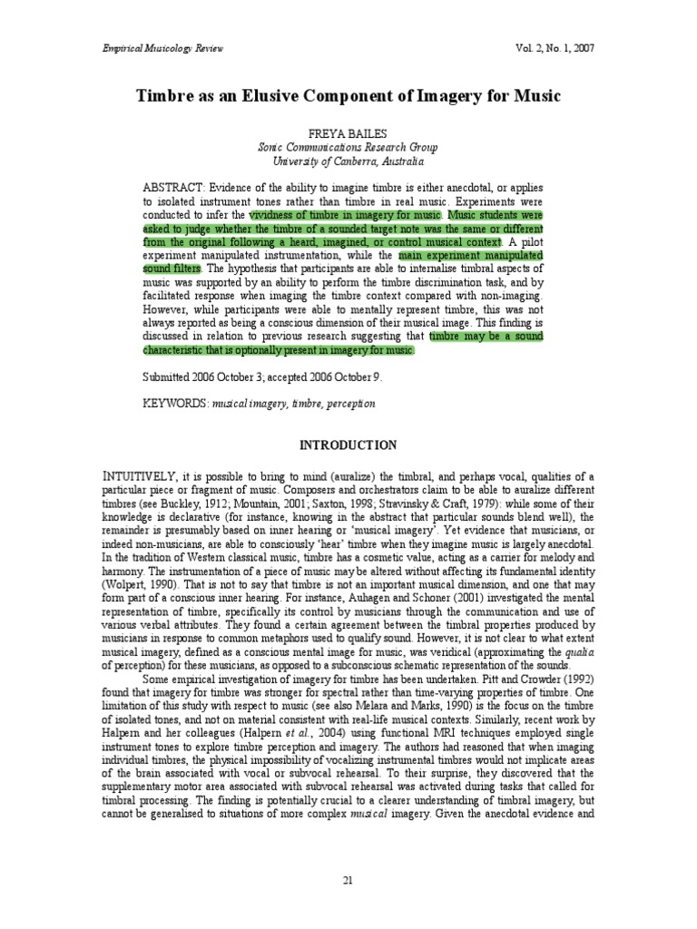 Timbre As An Elusive Component of Imagery For Music | PDF | Perception ...