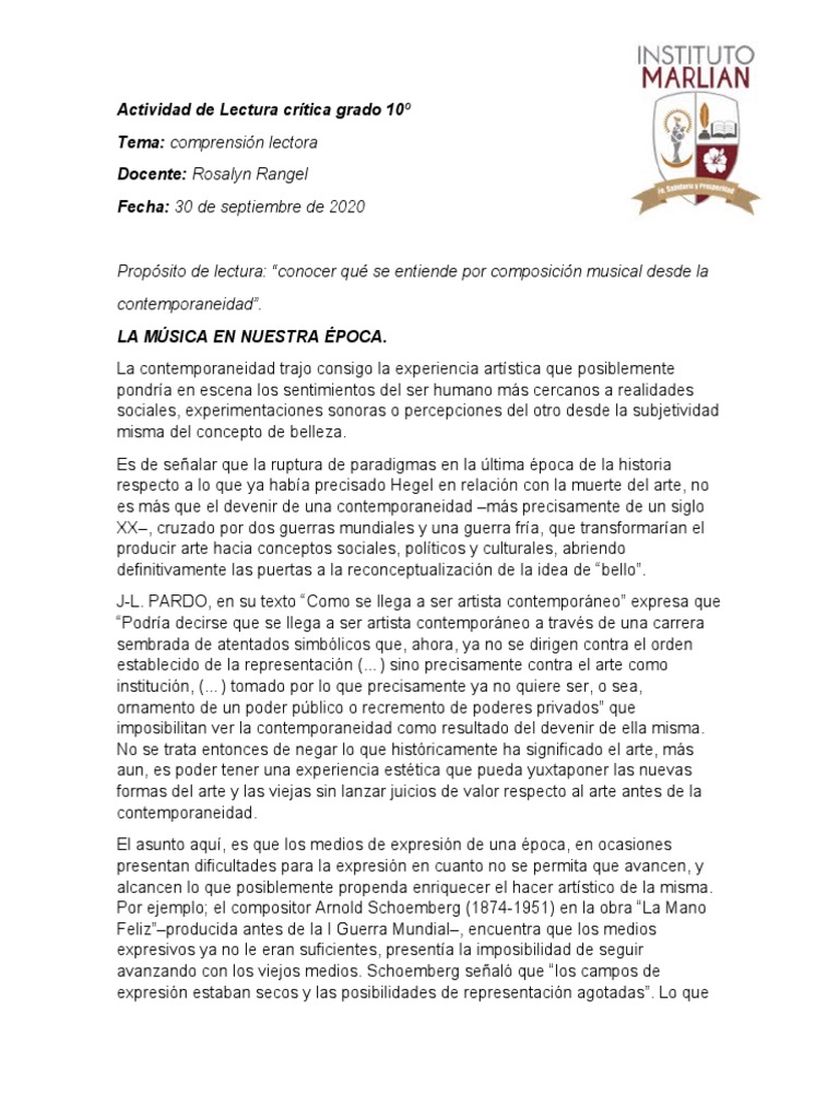 Comprensión Lectora: Música Contemporánea | PDF | Conceptos ...