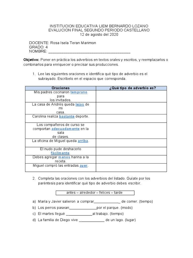 Examen Final Castellano 4 | PDF
