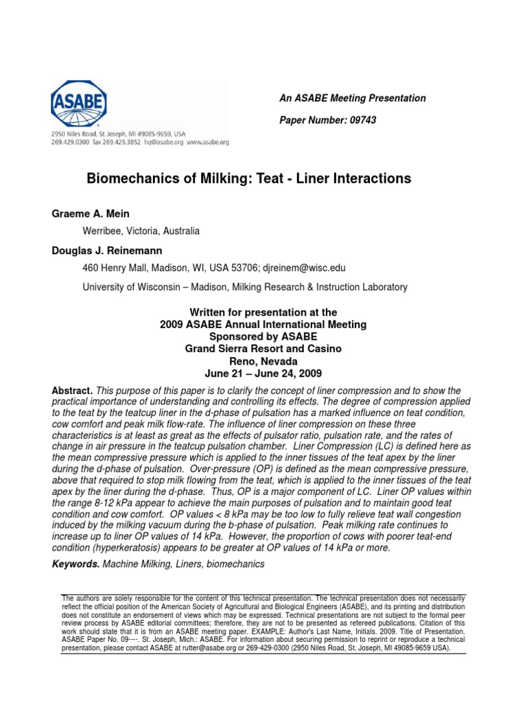Biomechanics of Milking: Teat - Liner Interactions: Graeme A. Mein ...