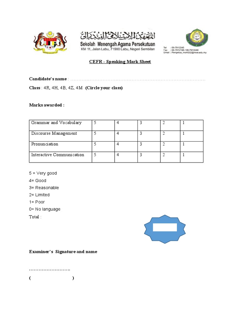 Speaking Mark Sheet