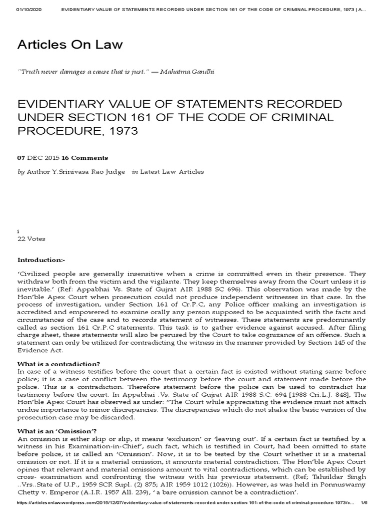 EVIDENTIARY VALUE OF STATEMENTS RECORDED UNDER SECTION 161 OF THE CODE ...