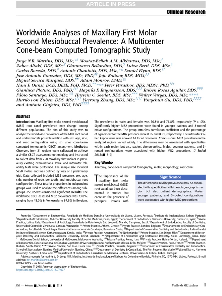 Worldwide Analyses Of Maxillary First Molar Second Mesiobuccal Prevalence A Multicenter Cone