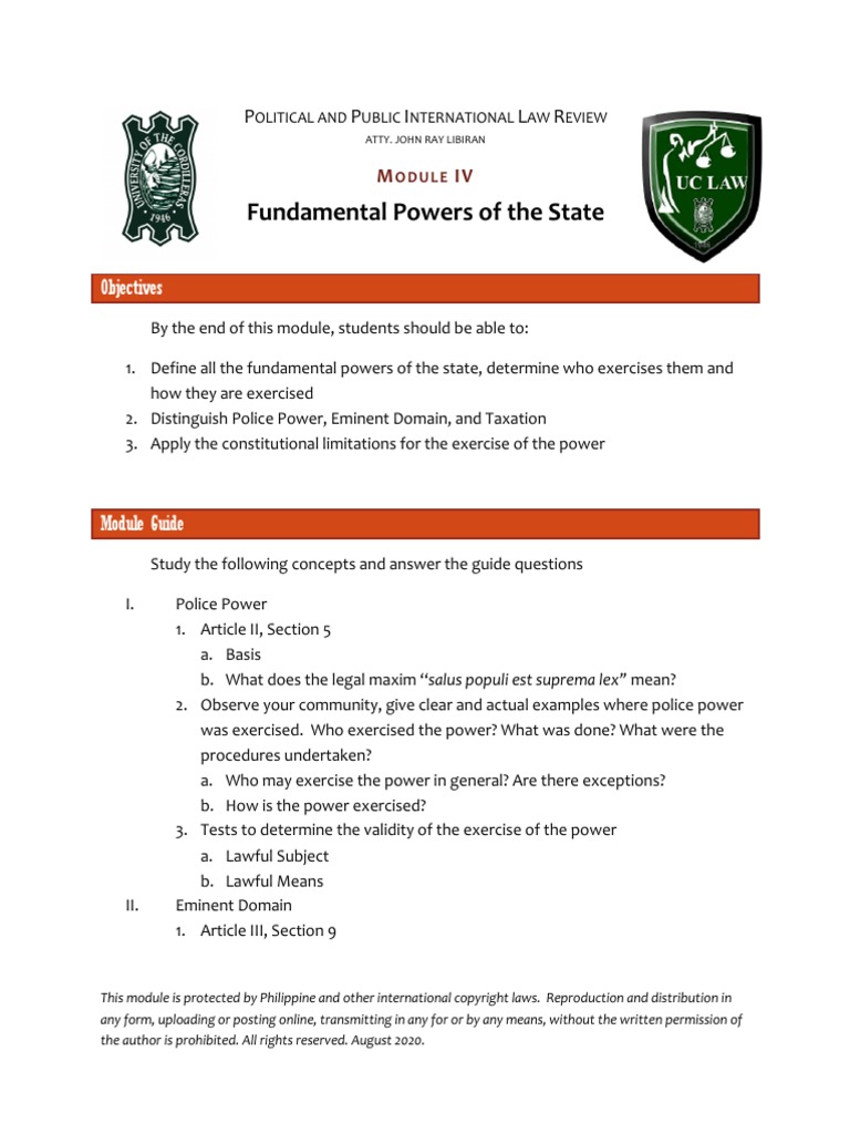Module 4 - Fundamental Powers of The State PDF | PDF | Police Power ...