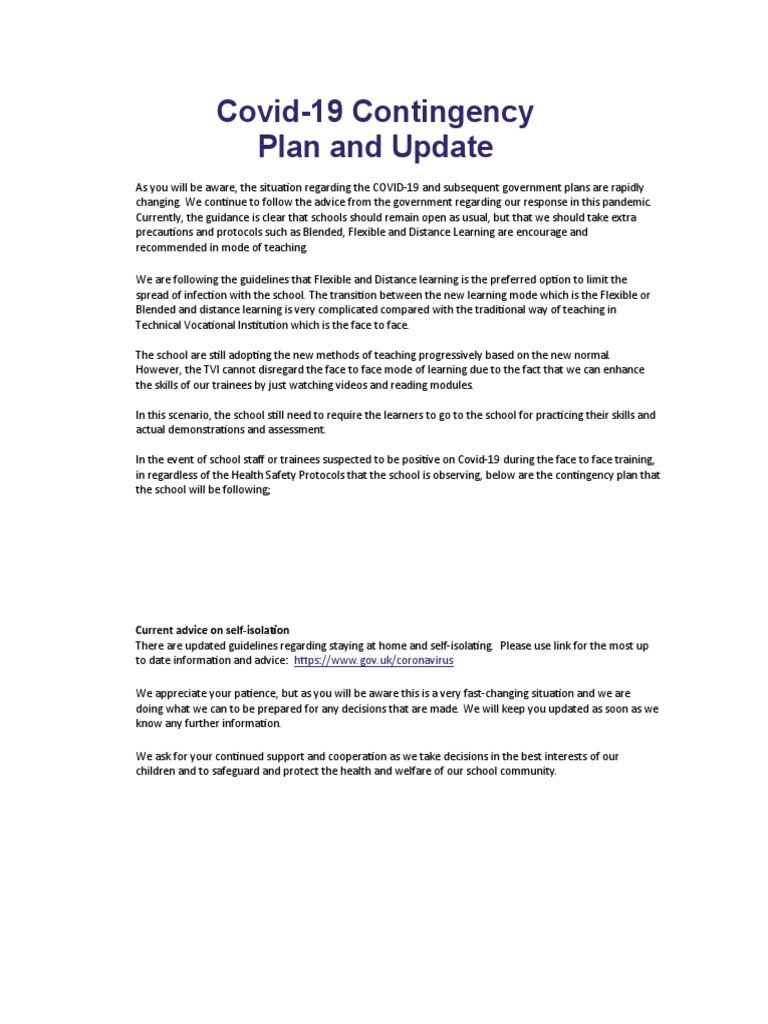 Covid-19 Contingency Plan and Update: Current Advice On Self-Isolation ...