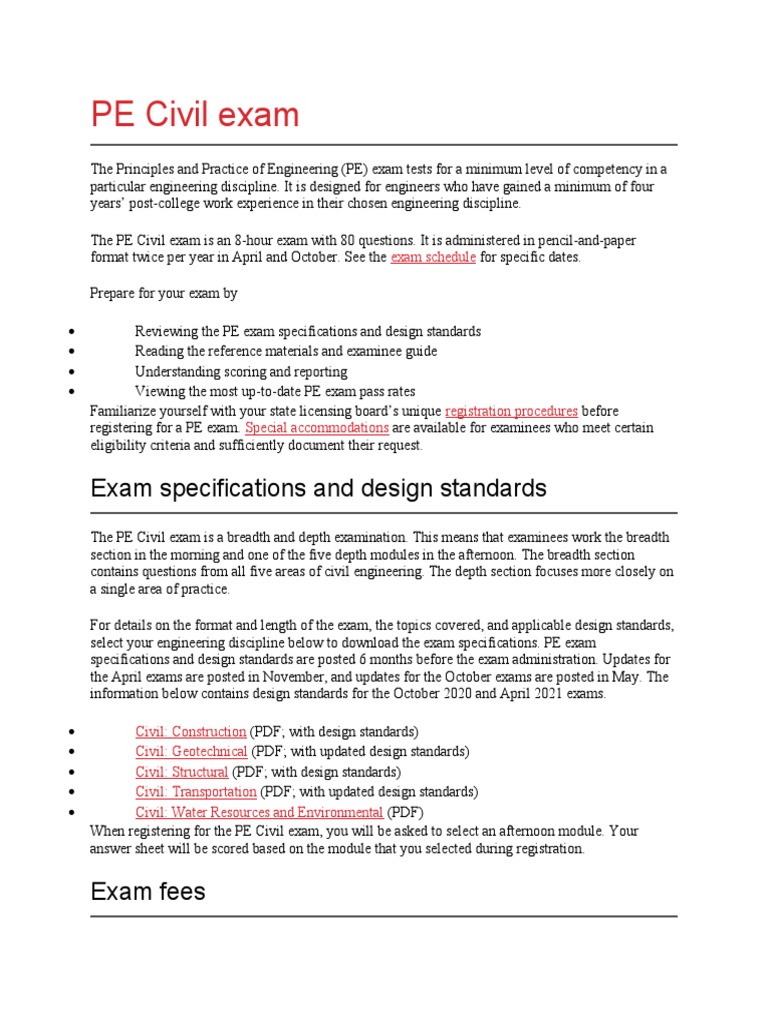 PE Civil Exam: Exam Specifications and Design Standards | PDF | Educational Assessment And ...