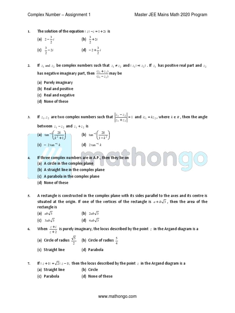 Complex Numbers Assignment Sheet | PDF | Complex Number | Circle