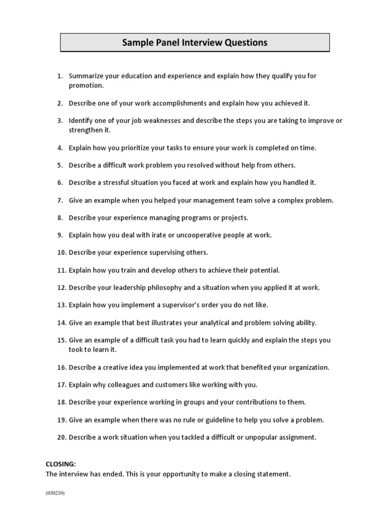Sample Panel Interview Questions: Closing | PDF