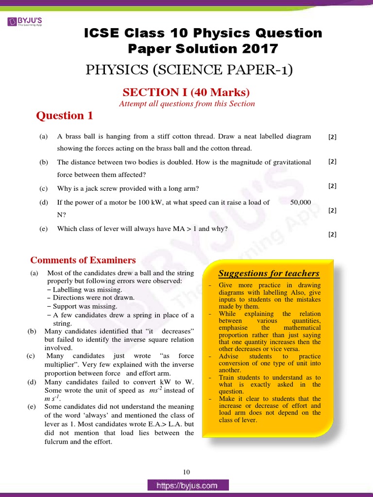 ICSE Class 10 Physics Question Paper Solution 2017 PDF | PDF | Heat | Sound ICSE Class 10 Physics Question Paper Solution 2017 PDF | PDF | Heat | Sound