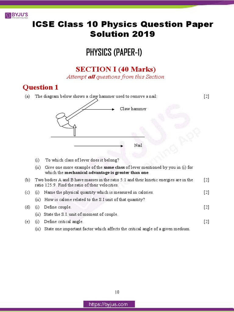 ICSE Class 10 Physics Question Paper Solution 2019 PDF | PDF | Lever ...