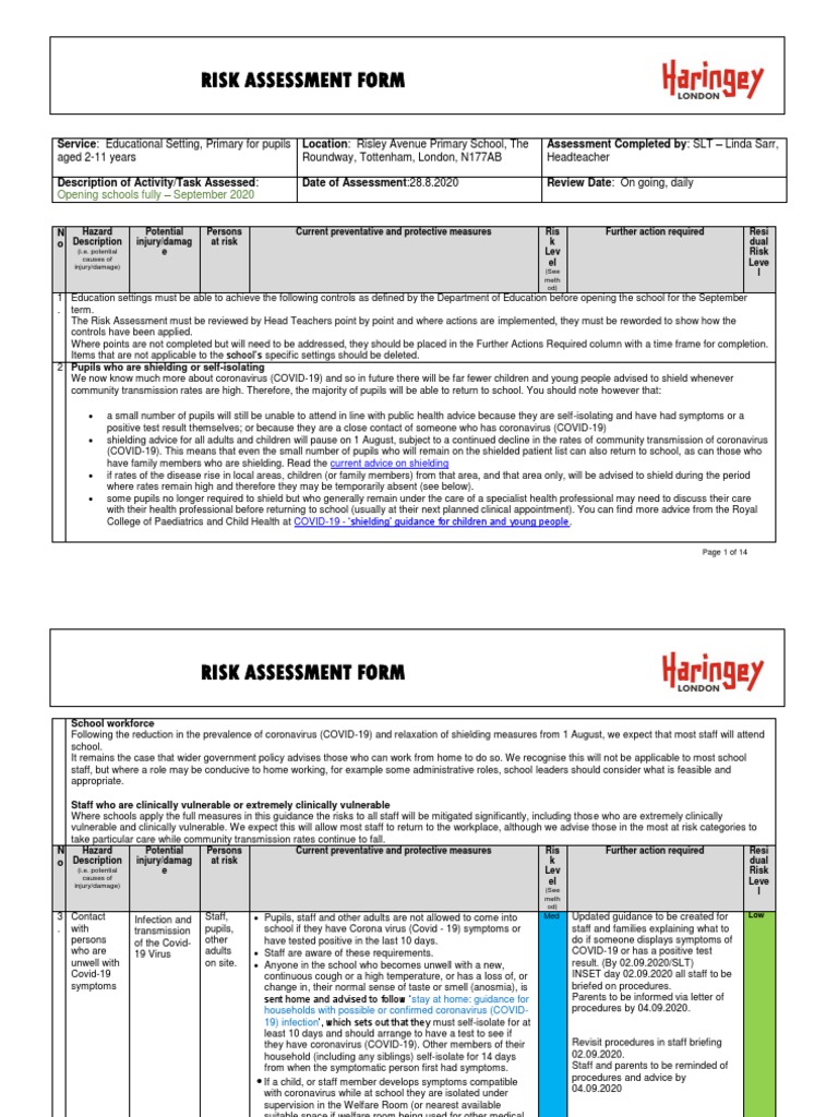 Risk Assessment Form: Aged 2-11 Years Roundway, Tottenham, London ...