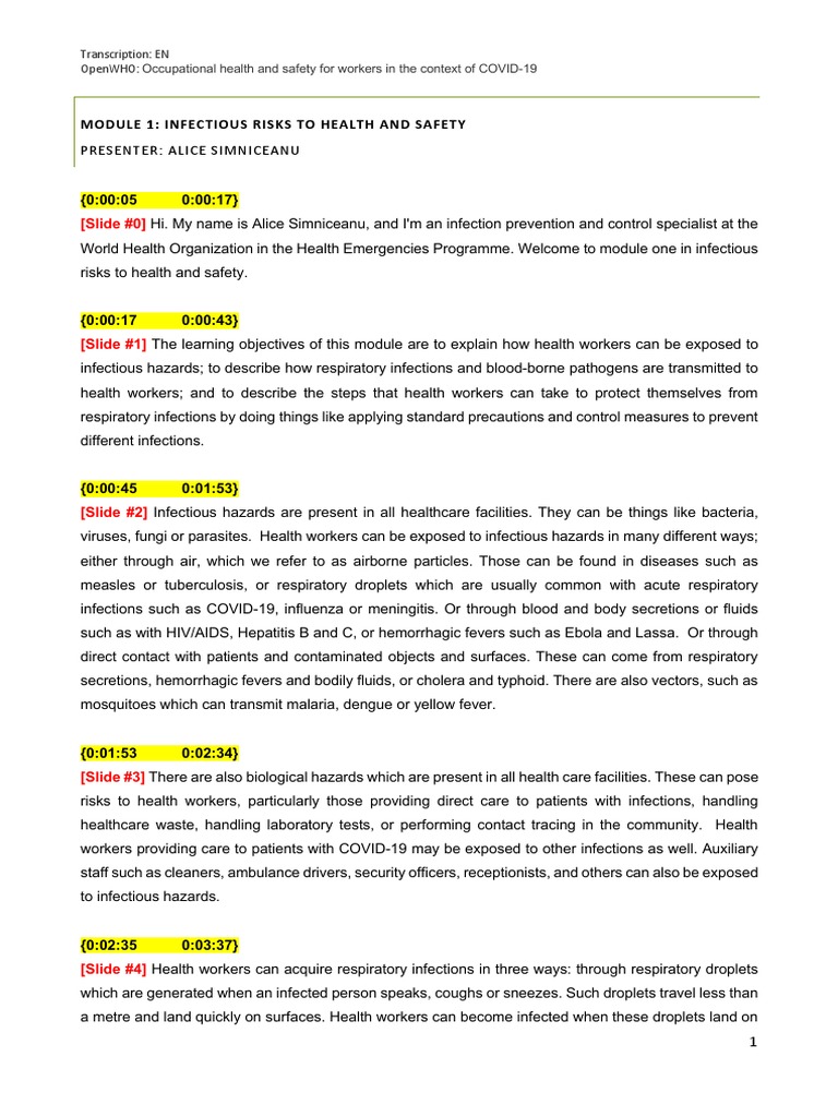 Module 1: Infectious Risks To Health and Safety: (Slide #0) | PDF ...