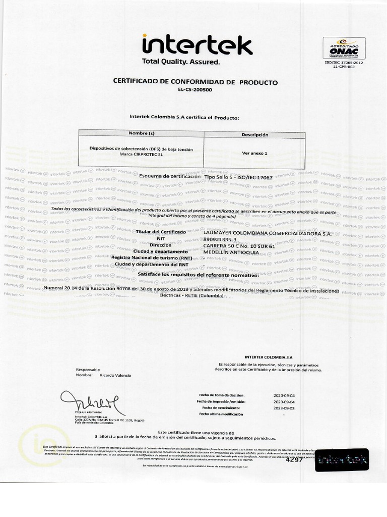 RECIR0001 Cirprotec Certificado RETIE Intertek EL-CS-200500 PDF | PDF
