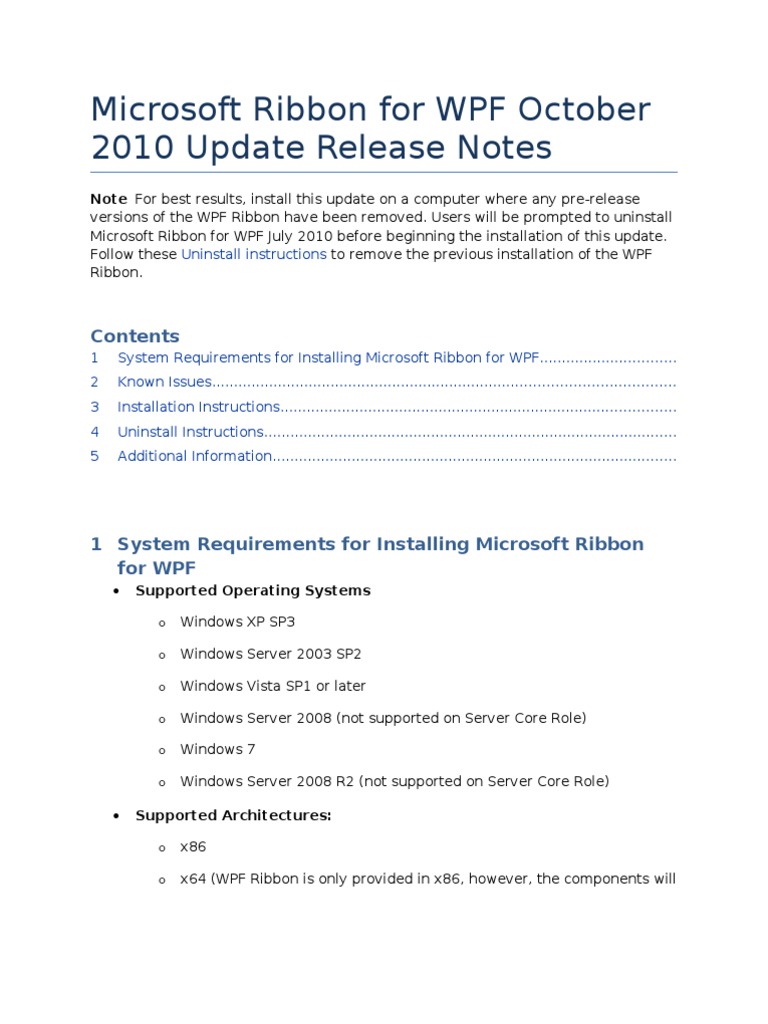 WPF Ribbon October 2010 Update Notes | PDF