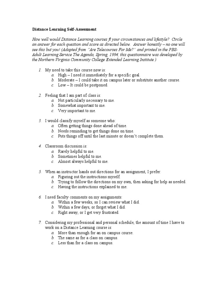 Distance Learning Self-Assessment | PDF | Distance Education | Behavior ...