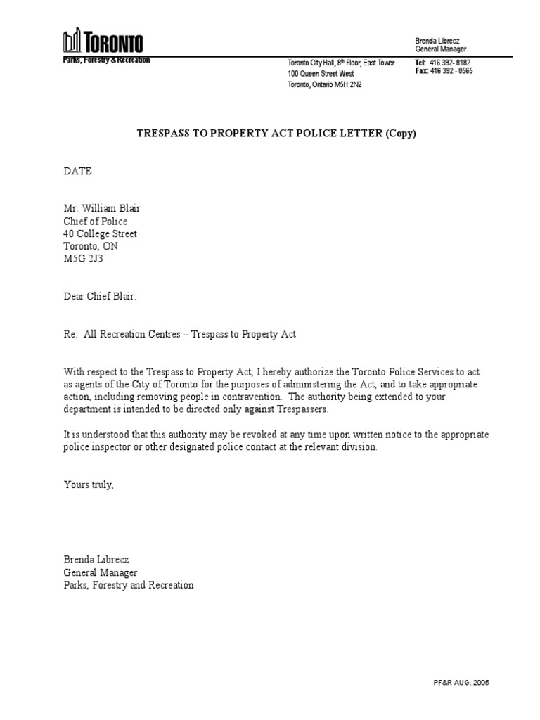 Trespass To Property Act Police Letter (Copy) : Parks, Forestry ...