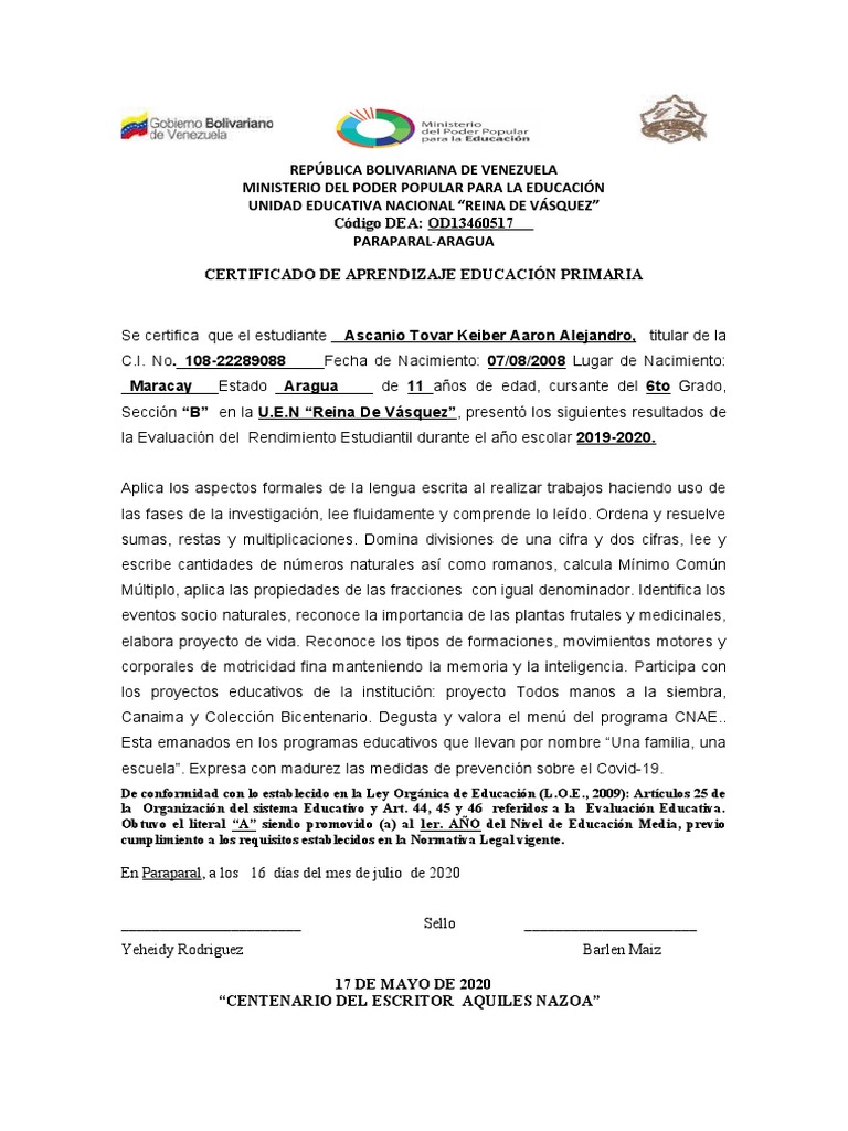 Boletas 2019-2020 | PDF | Educación primaria | Venezuela