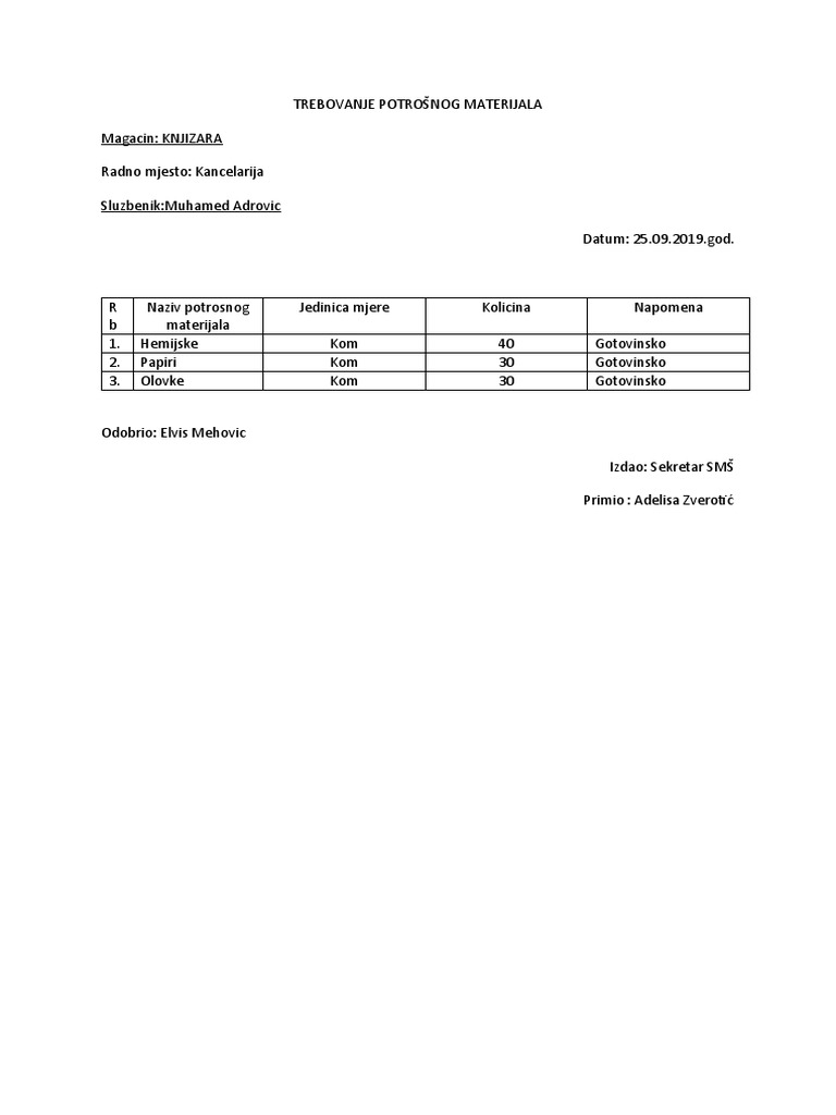 Trebovanje Potrošnog Materijala | PDF