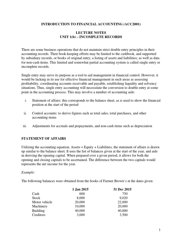 FinAccUnit 1 (B) - Incomplete Records Lecture Notes PDF | PDF | Debits ...