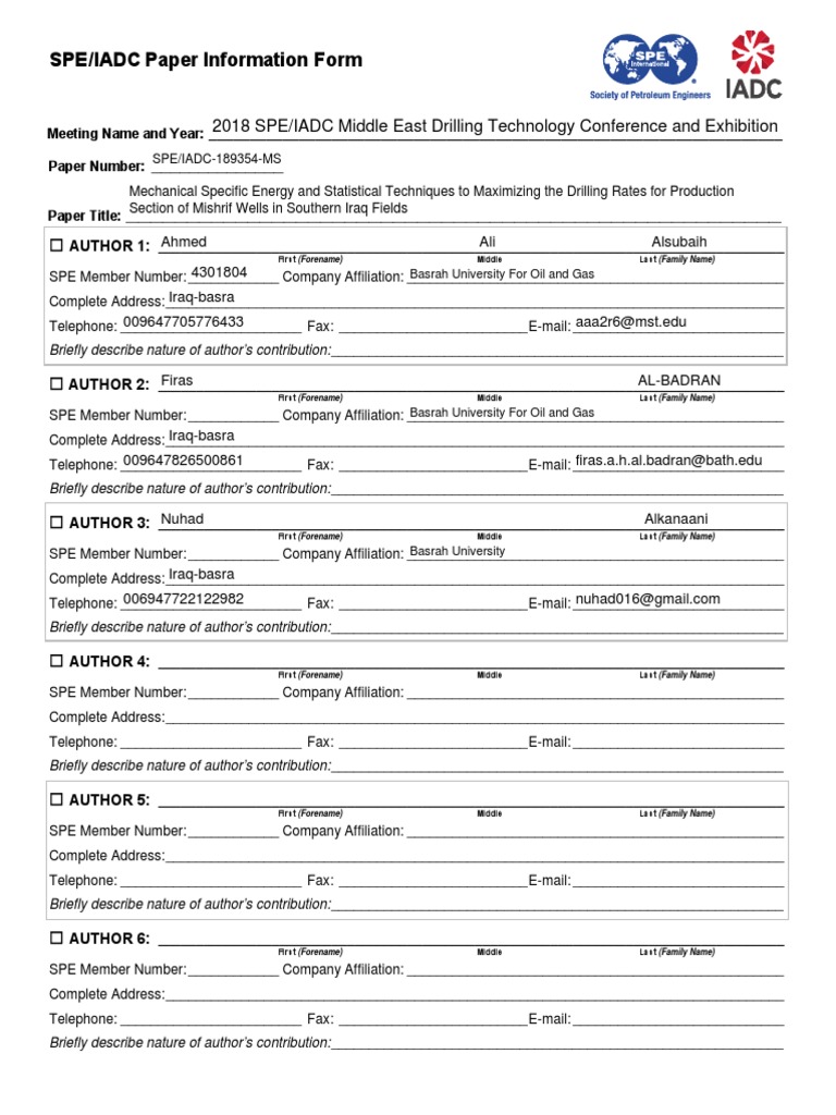 SPE IADC PIF Form | PDF | Resource Extraction | Petroleum Industry