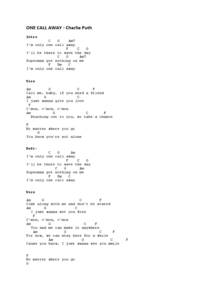 One Call Away Chords and Lyrics | PDF