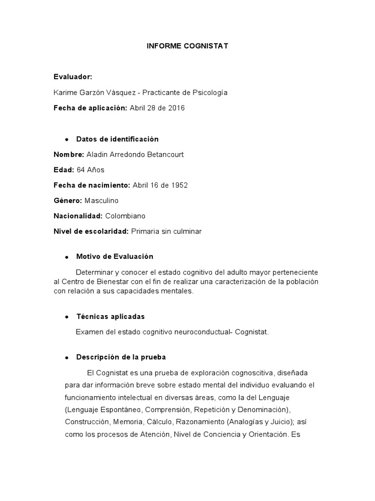 INFORME COGNISTAT Cba | PDF | Adultos | Memoria