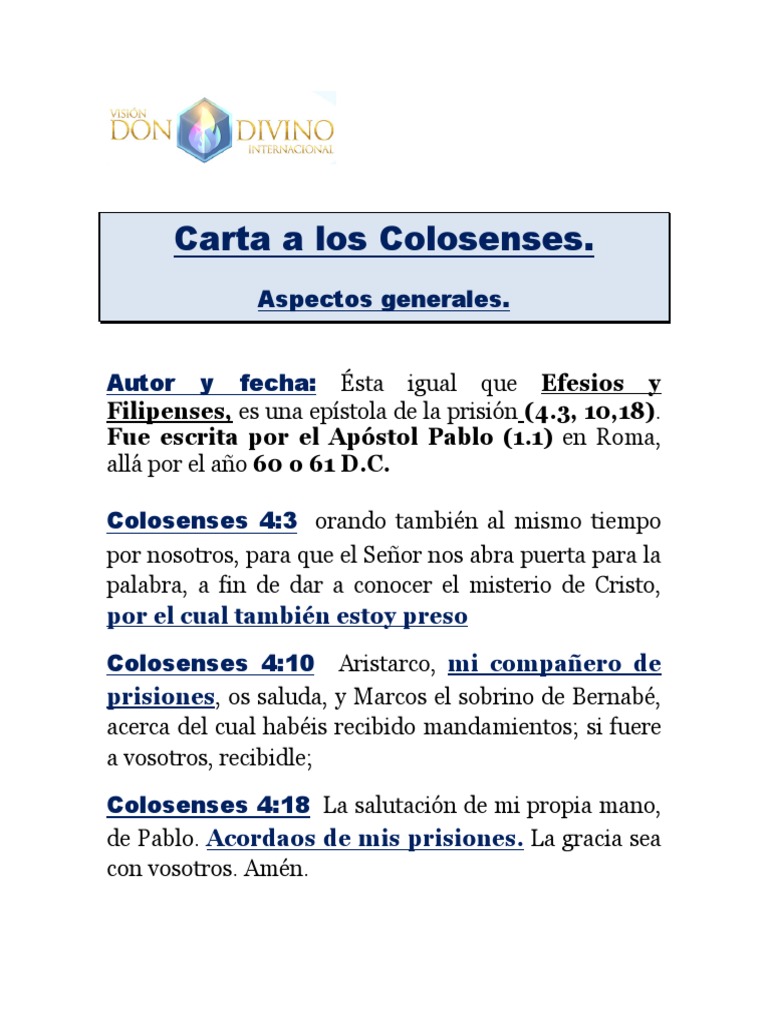 Colosenses 1 Del 1 Al 8 PDF | PDF | Epístola a los colosenses | Pablo ...