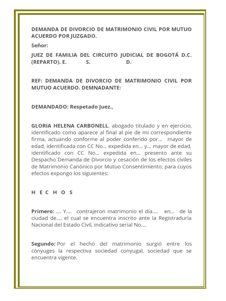 Demanda de Divorcio de Matrimonio Civil Por Mutuo Acuerdo Por Juzgado | PDF | Divorcio | Matrimonio