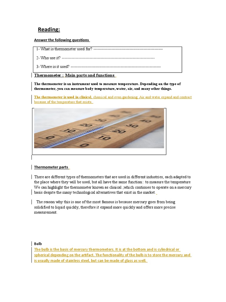 Reading:: Thermometer: Main Parts and Functions | PDF | Thermometer ...