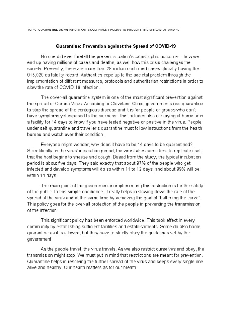 Quarantine as an Effective Government Policy to Prevent the Spread of ...