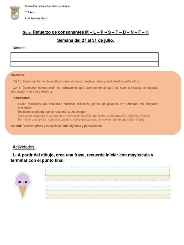 1° Básico Lenguaje Guía Refuerzo de Consonantes | PDF