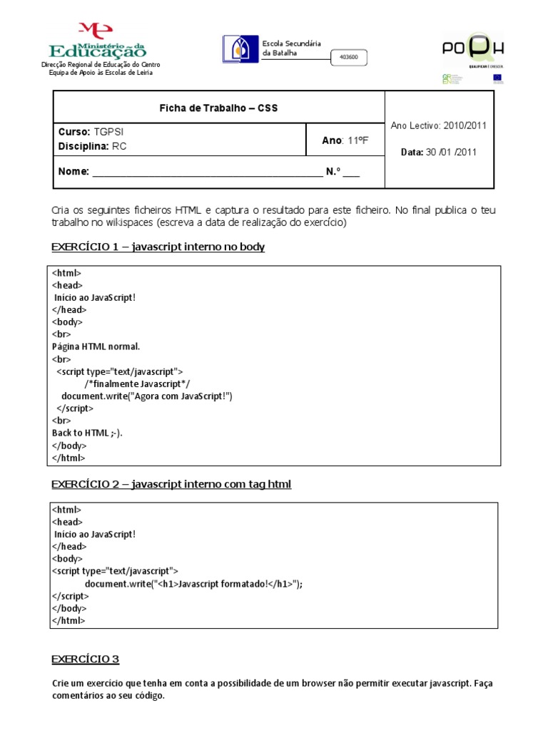 Exercícios Básicos Sobre Javascript | PDF
