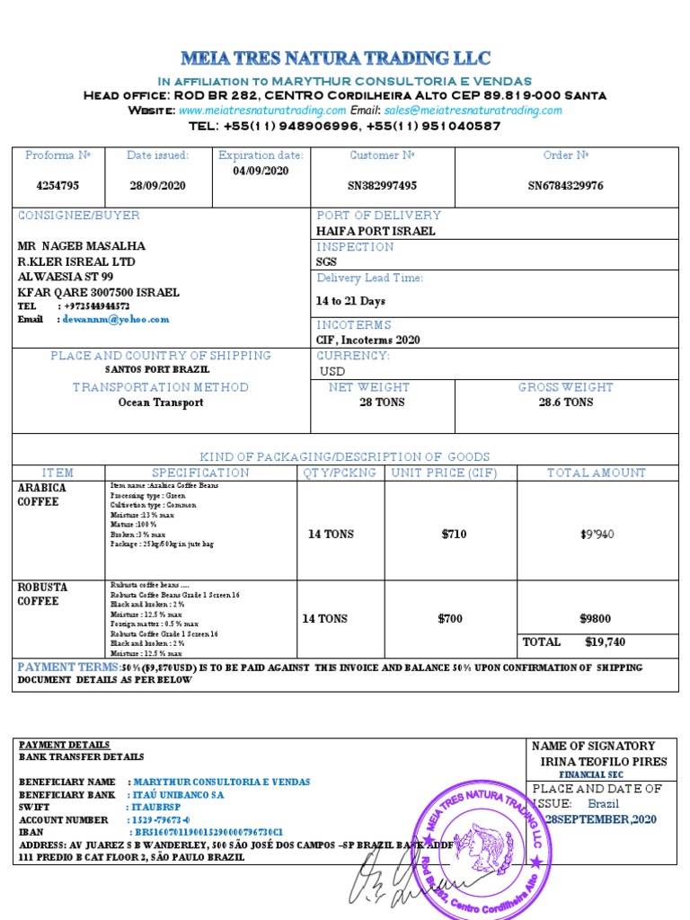 Proforma Invoice Coffee Beans (Israel) | PDF | Coffee | Business