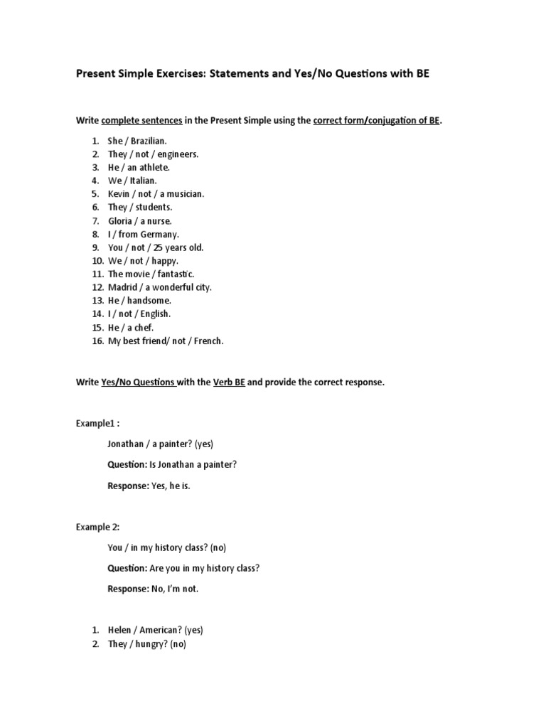 Present Simple Exercises: Statements and Yes/No Questions With BE | PDF ...