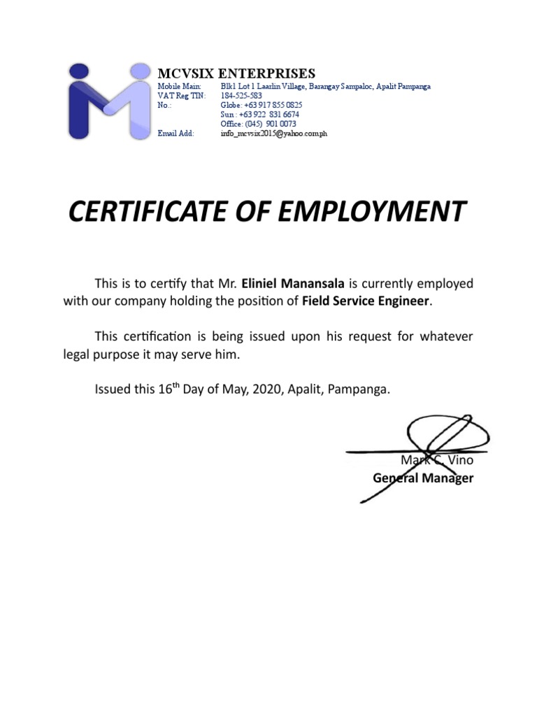 Certificate of Employment JM | PDF