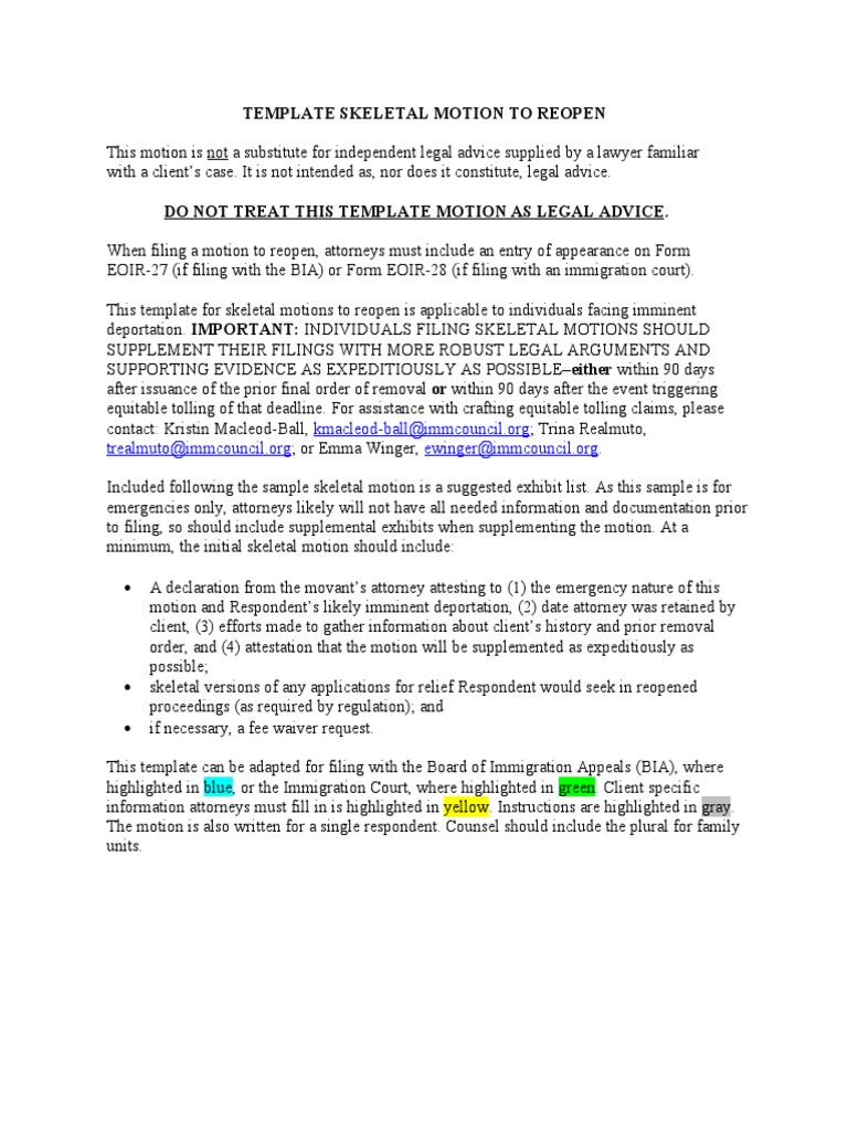 Template Skeletal Motion To Reopen | PDF | Removal Proceedings | Justice